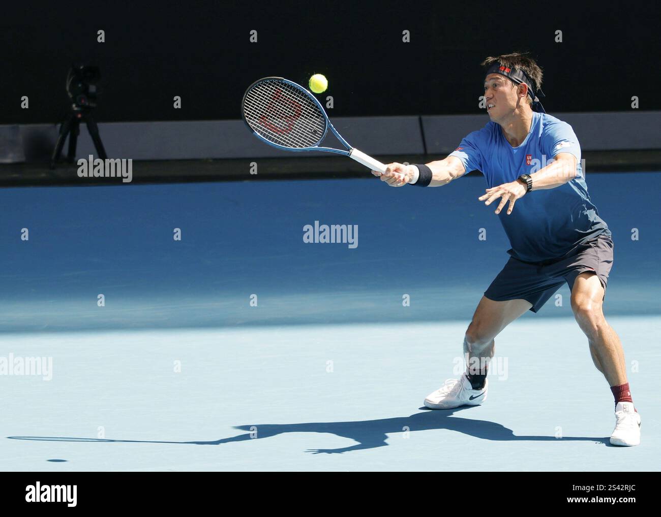 Melbourne on Jan. 10, 2025, Kei Nishikori of Japan trains in Melbourne ...
