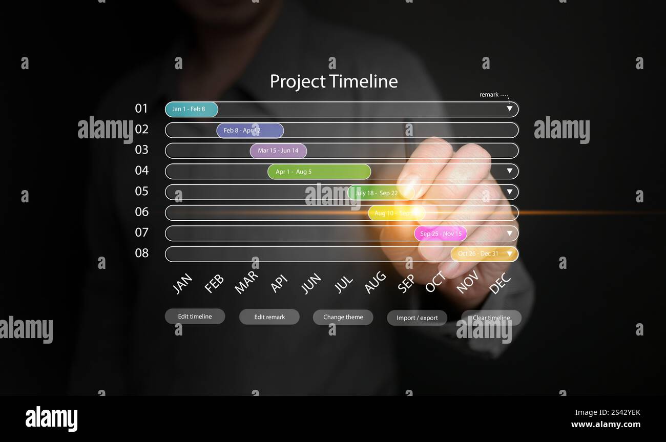 Project manager planning and schedule:. A man using a project timeline ...