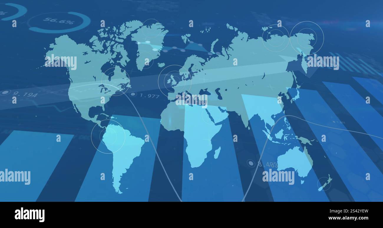 Image of statistics and data processing over world map on dark ...