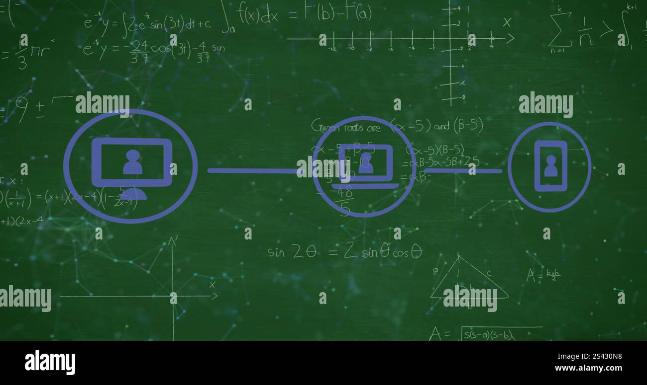 Image of network of media icons over mathematical equations on ...