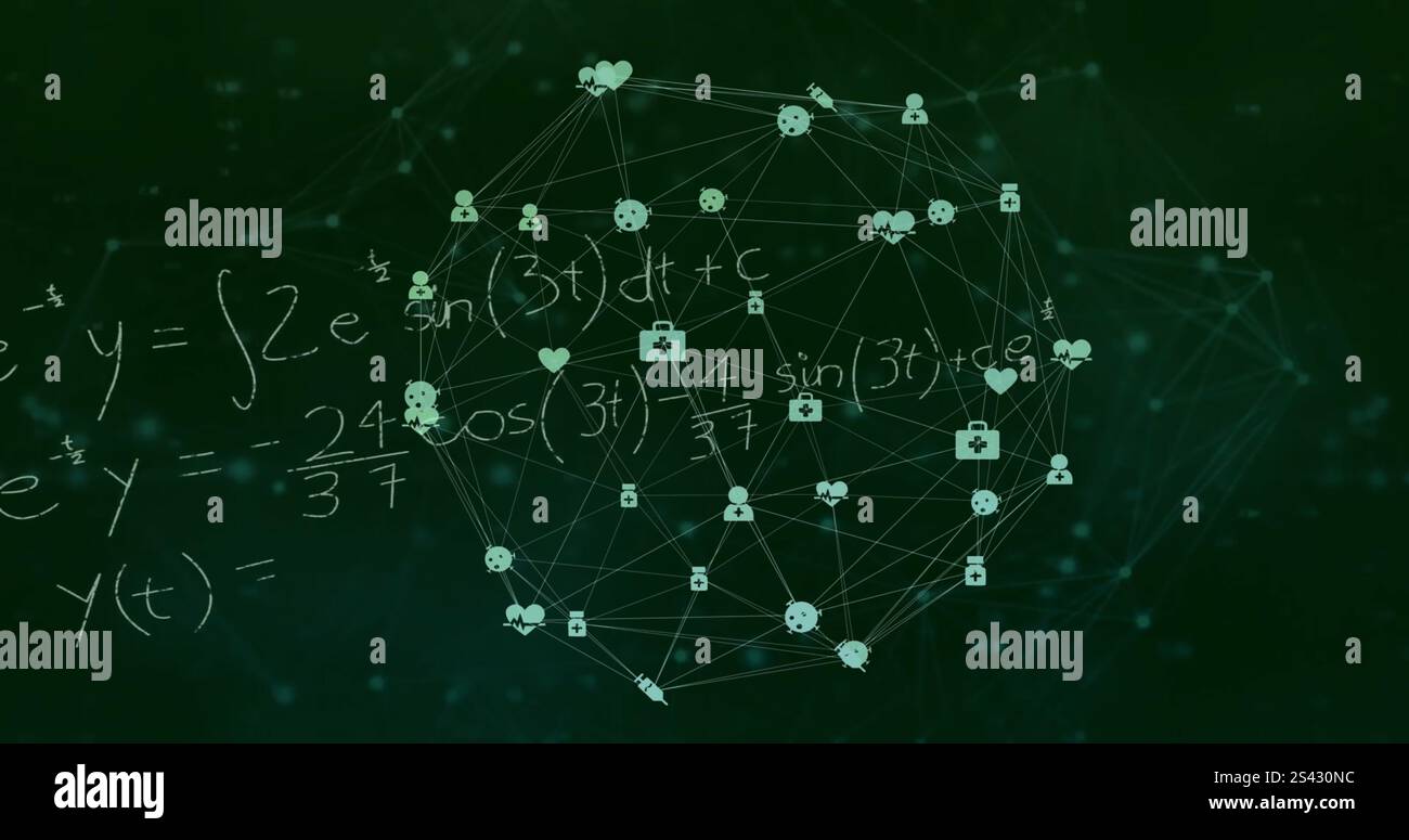 Image of network of health icons over mathematical equations on ...