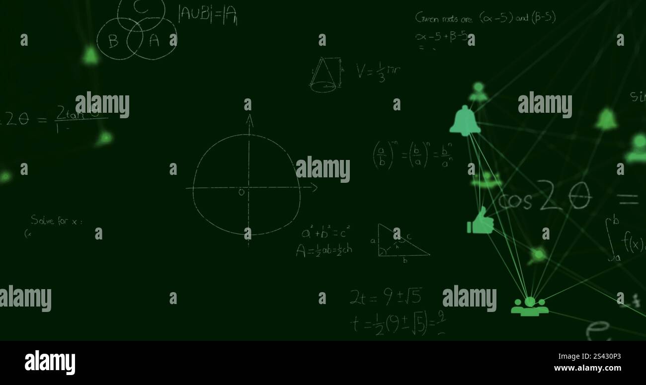 Image of network of people and media icons over mathematical equations ...