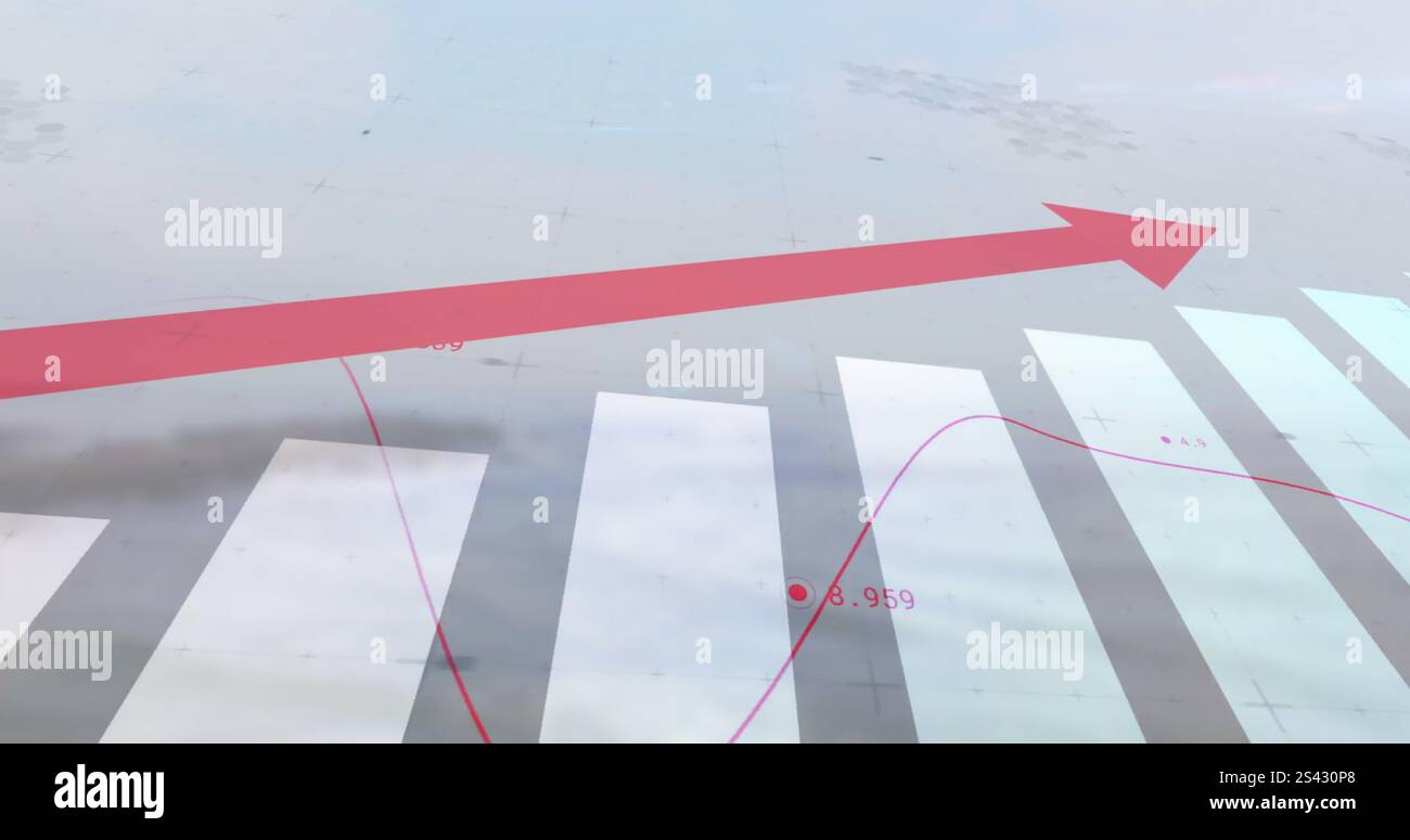 Image of upward red arrow and graphs processing data over sky and ...