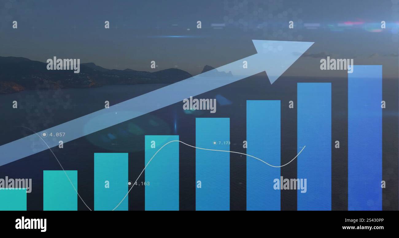 Image of upward arrow and graphs processing data over sky and landscape ...