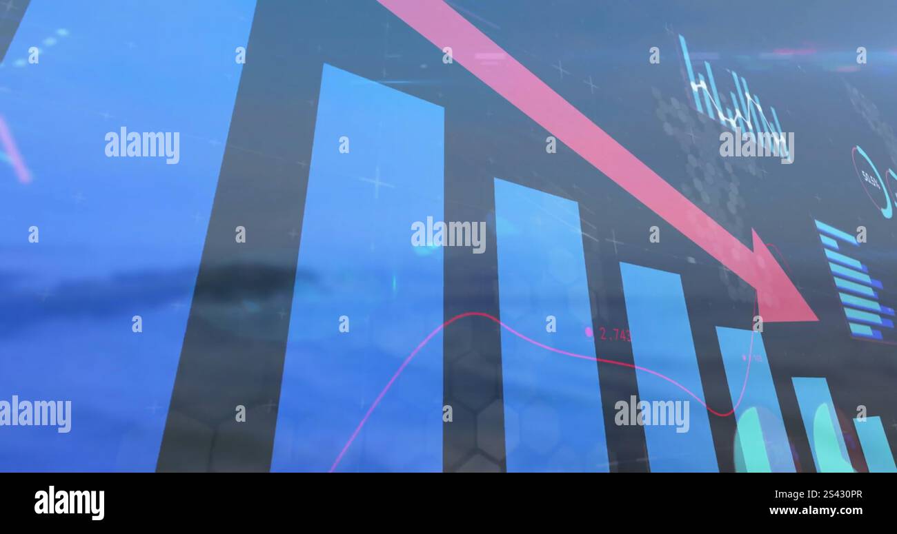 Image of downward red arrow and graphs processing data over landscape ...
