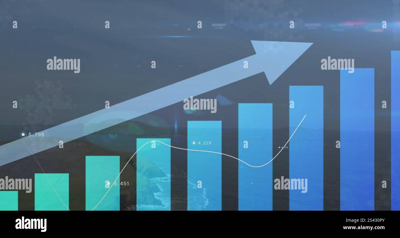 Image of upward arrow and blue graphs processing data over sky and ...