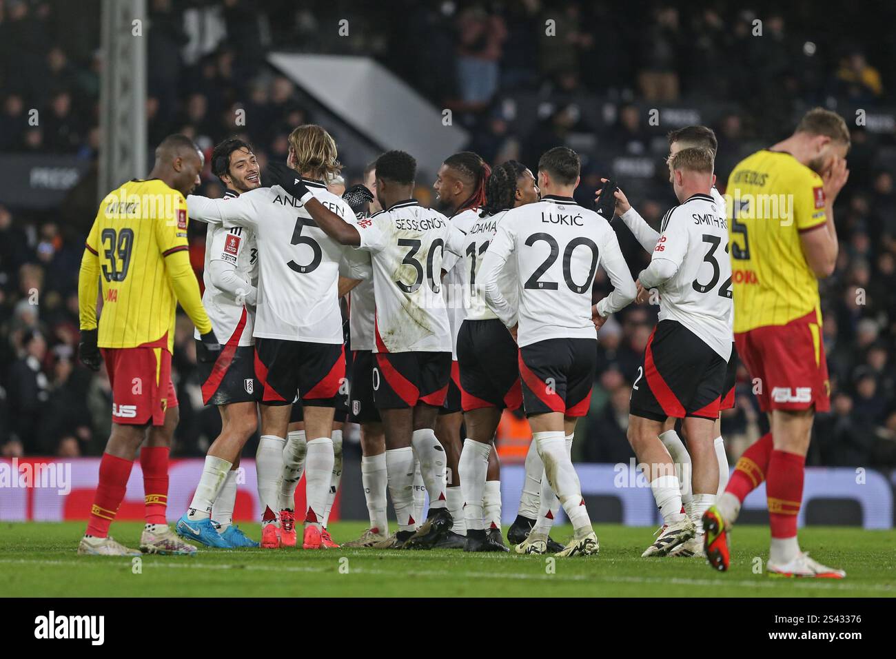 London, January 9th 2025: Fulham players celebrate with gola scorer ...