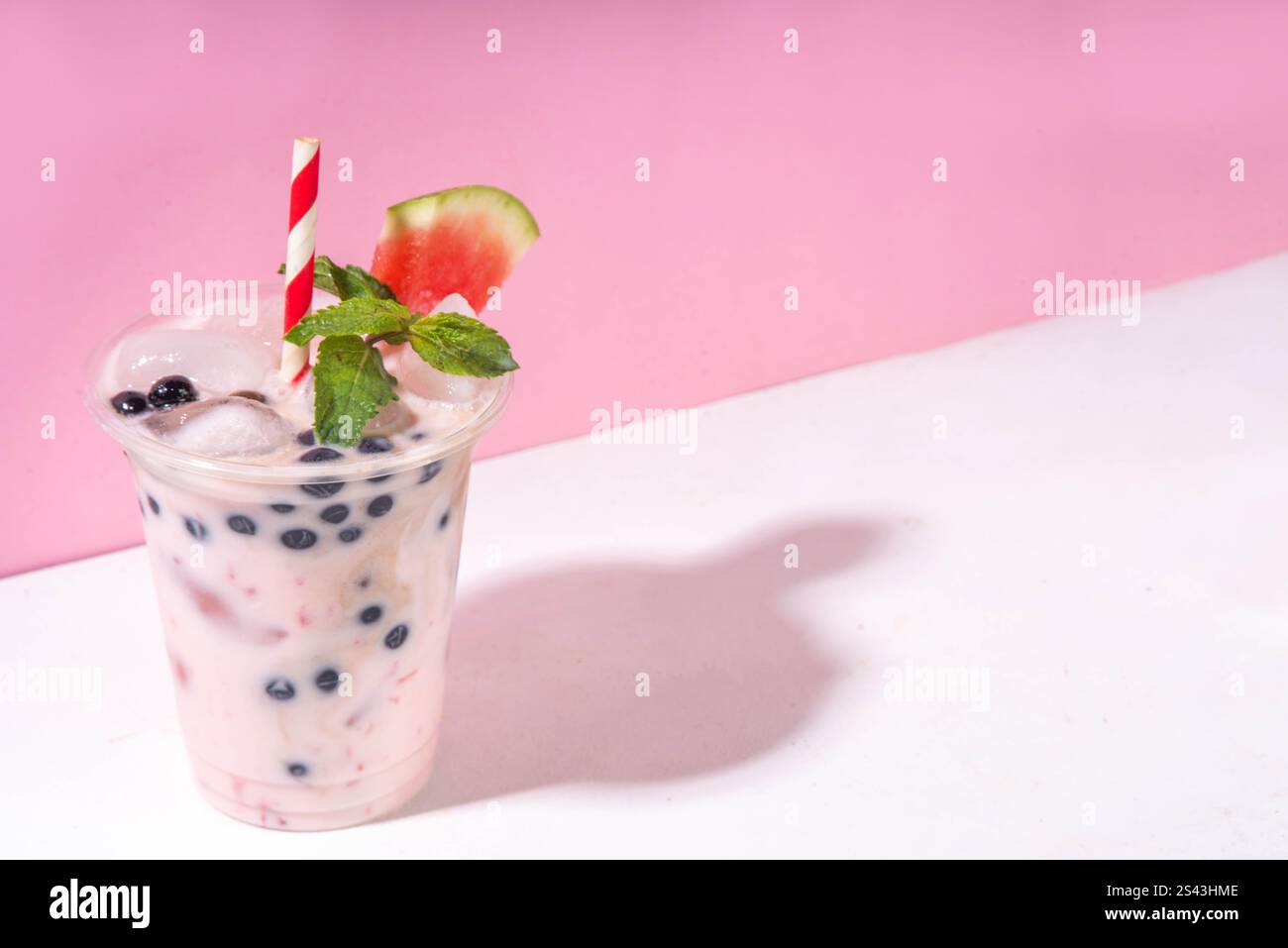 Watermelon boba balls bubble tea cocktail. Refreshing milky non-dairy ...