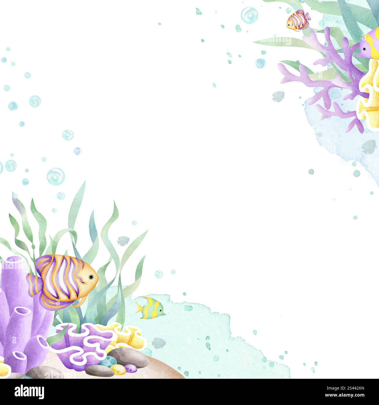 Seabed with fishes, seaweed, corals, pebbles, stones, bubbles ...