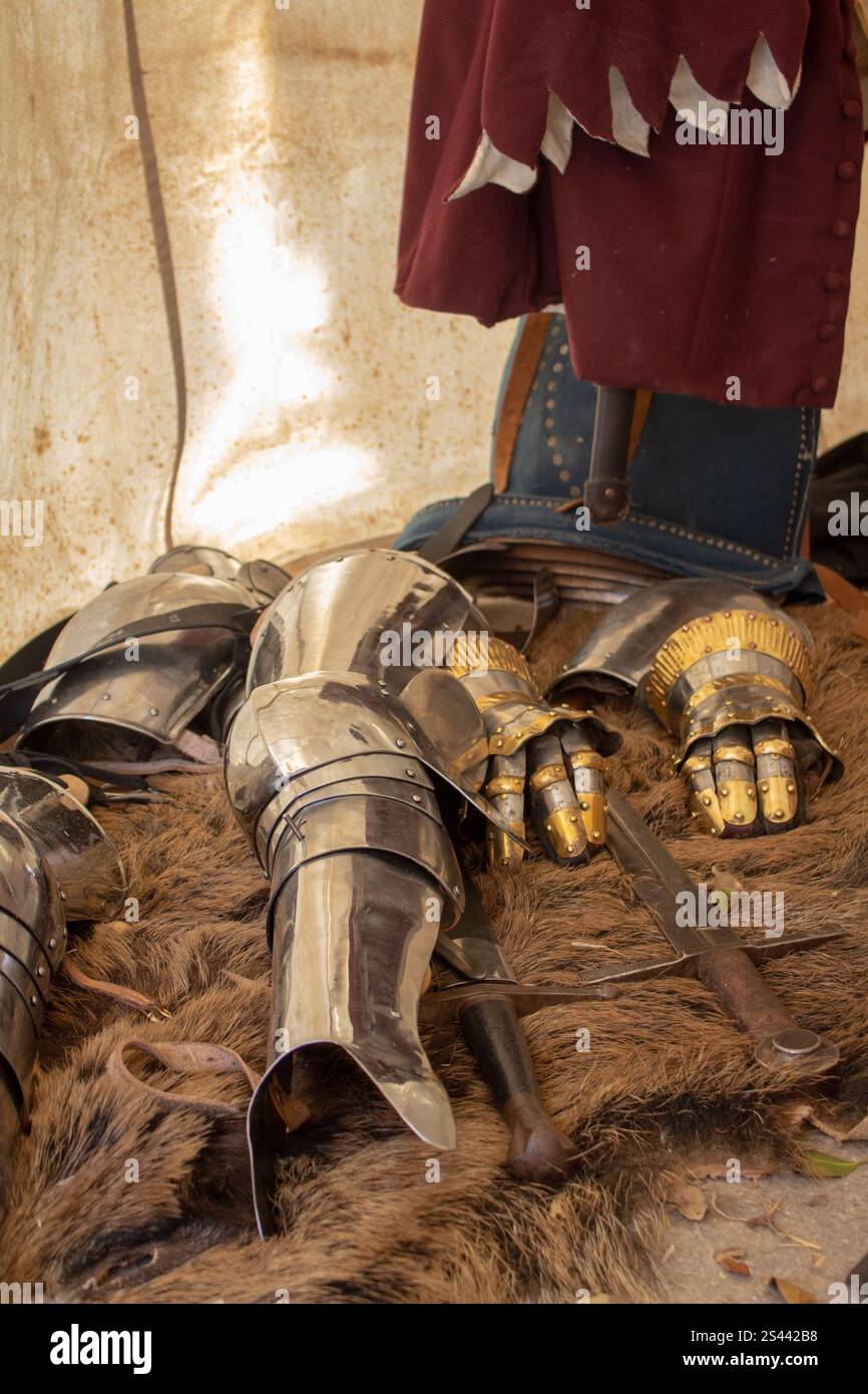 Medieval swords and armour displayed on animal fur Stock Photo - Alamy