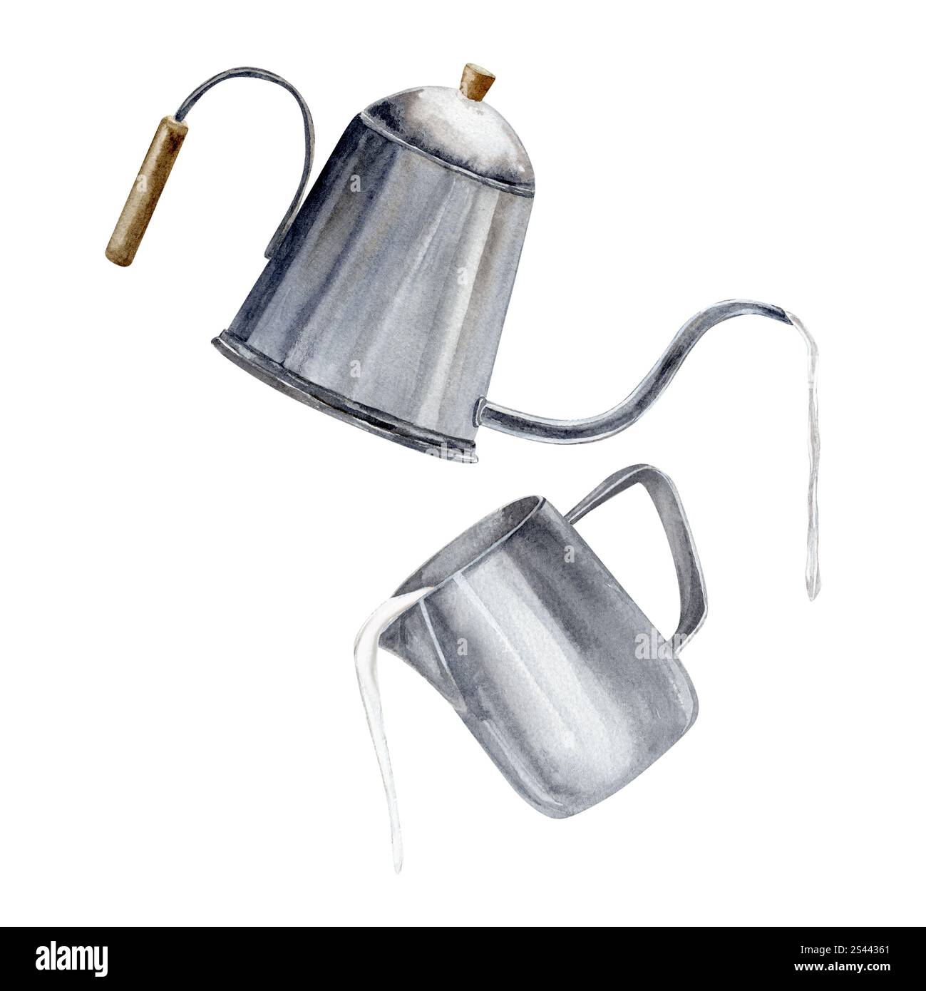 Watercolor set of stainless steel kettle with water and stainless steel ...