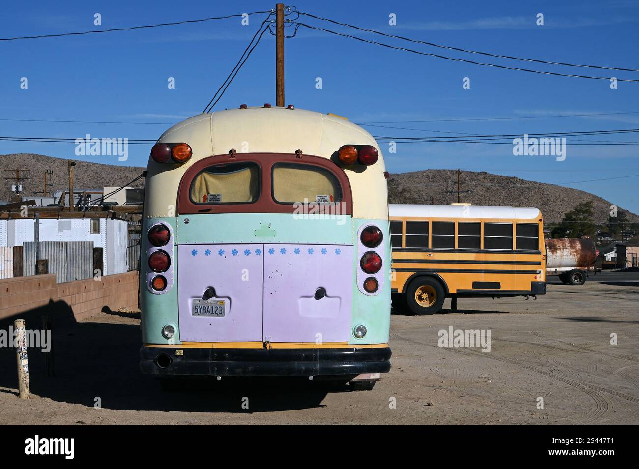 Old hippie bus of the Joshua Tree Saloon, Joshua Tree, California, USA ...
