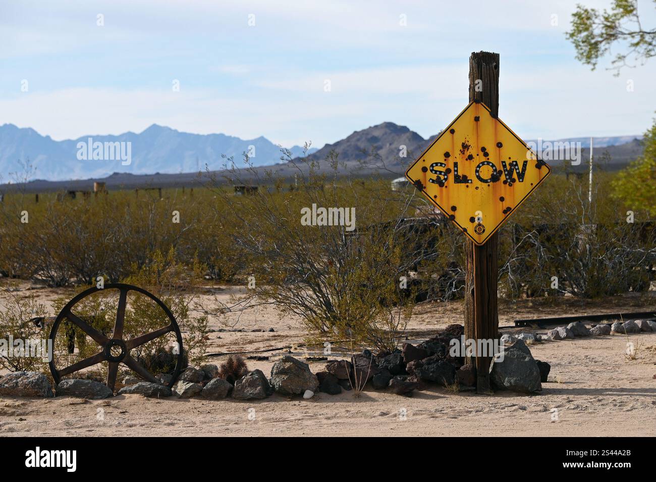 Old slow sign along the Route 66, Mohave Valley, California, USA Stock ...