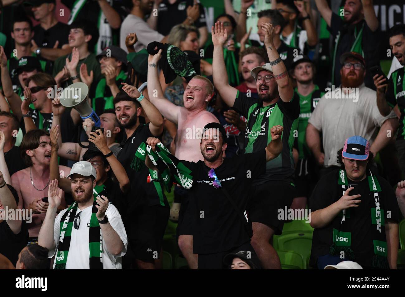 MELBOURNE, AUSTRALIA. 10th Jan 2025. Pictured: Jubilant Western United ...
