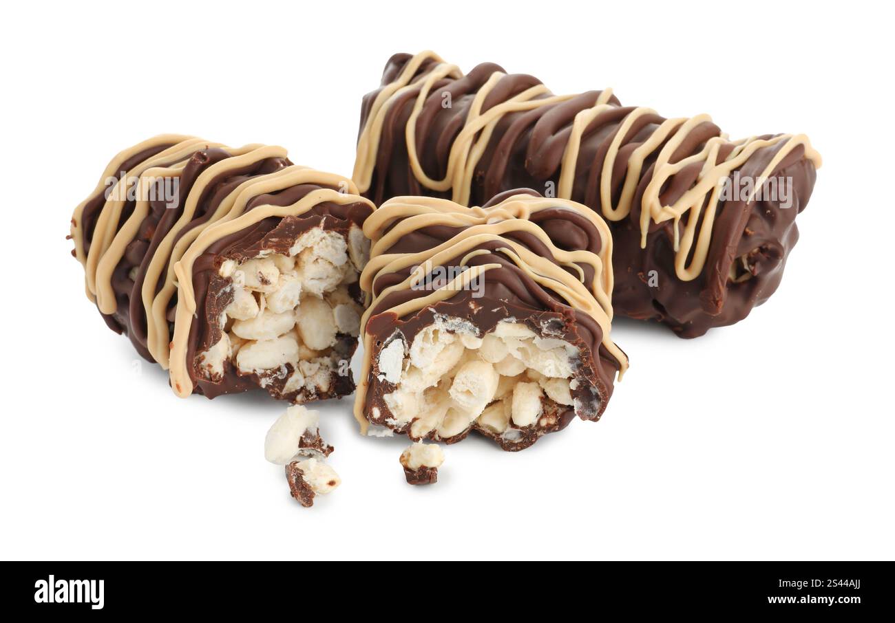 Delicious chocolate puffed rice bars isolated on white Stock Photo - Alamy