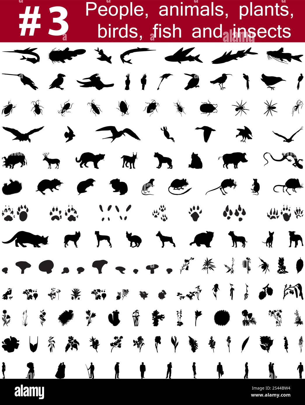 Big collection of collage vector silhouettes of people, animals, birds ...