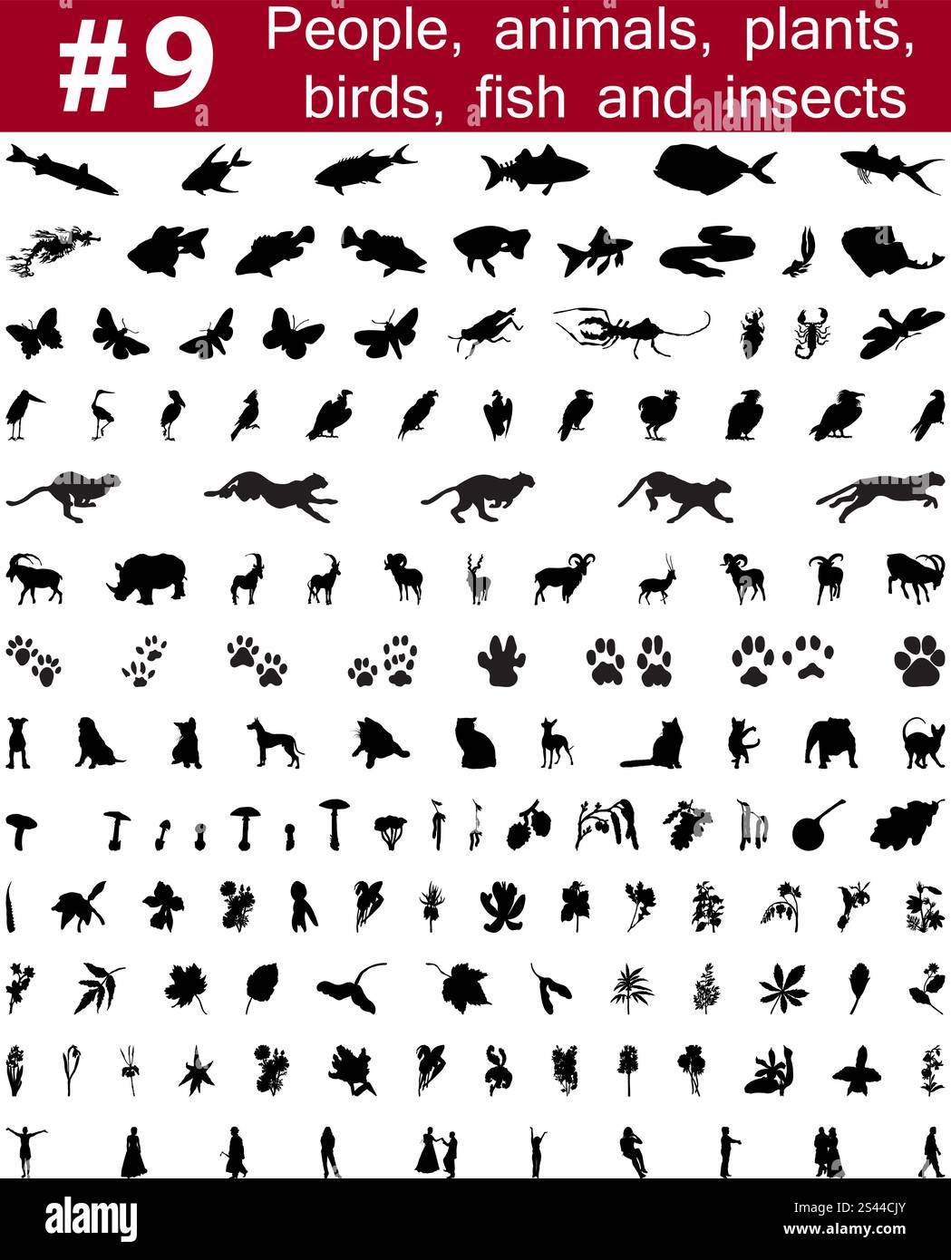 Big collection of collage vector silhouettes of people, animals, birds ...