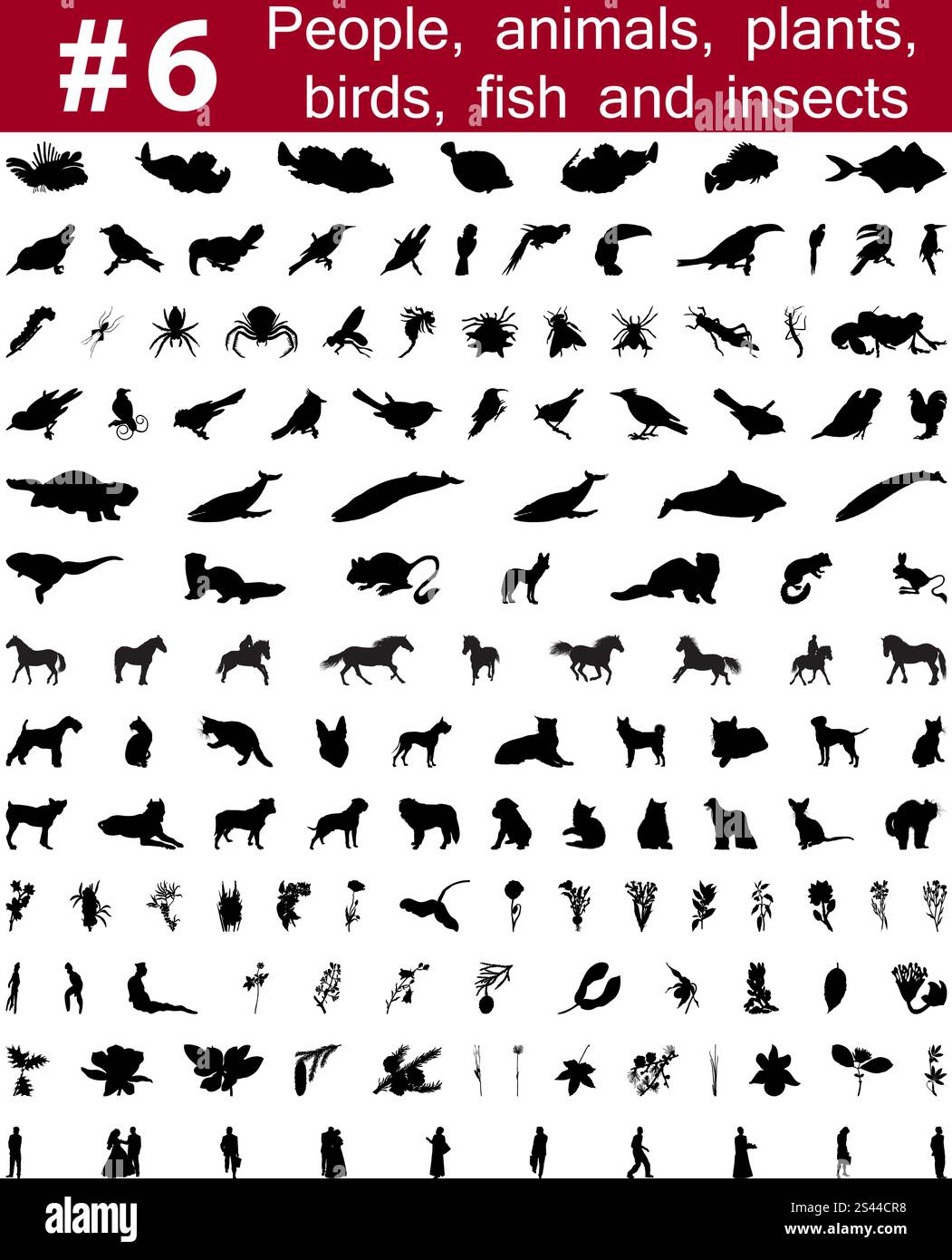 Big collection of collage vector silhouettes of people, animals, birds ...