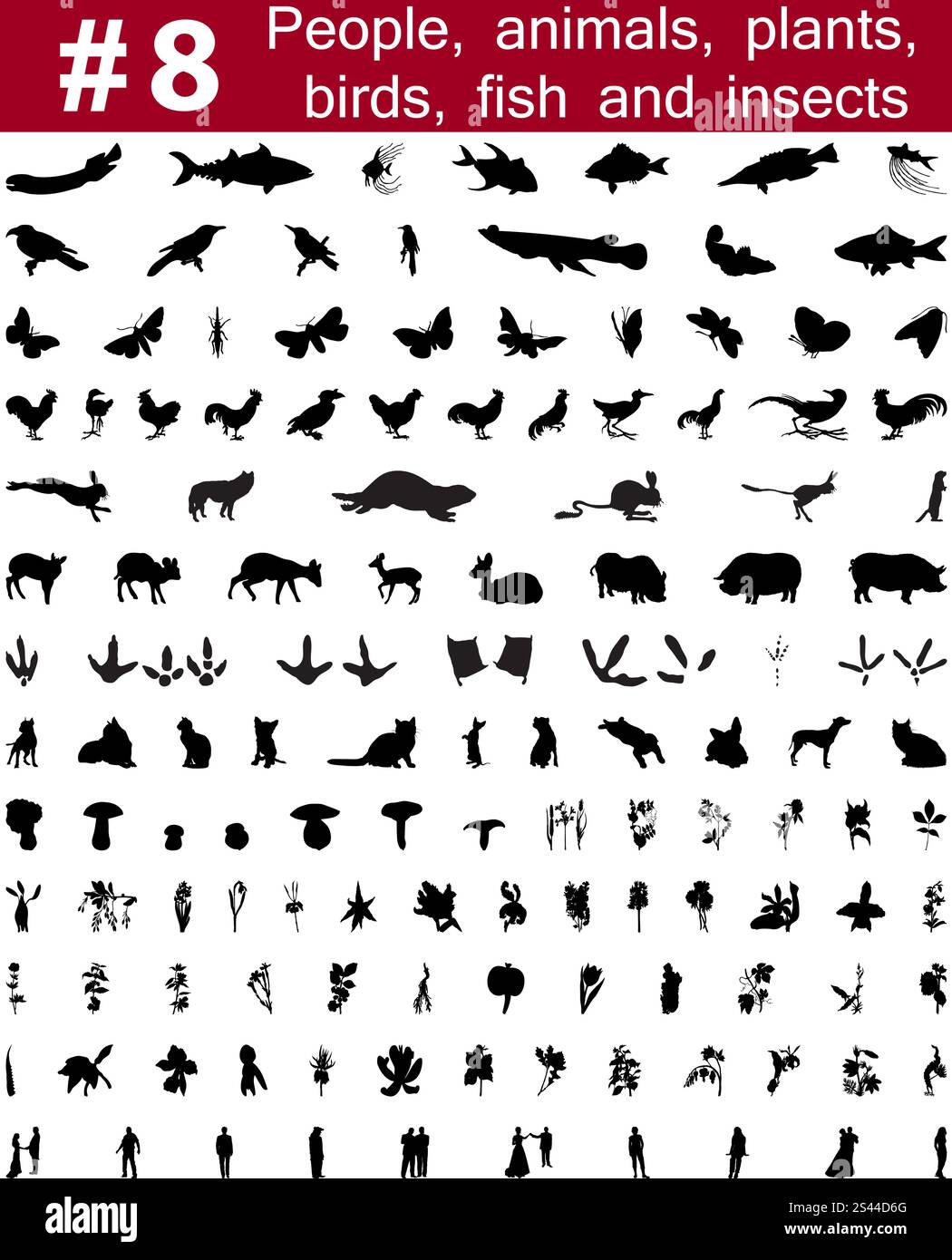 Big collection of collage vector silhouettes of people, animals, birds ...