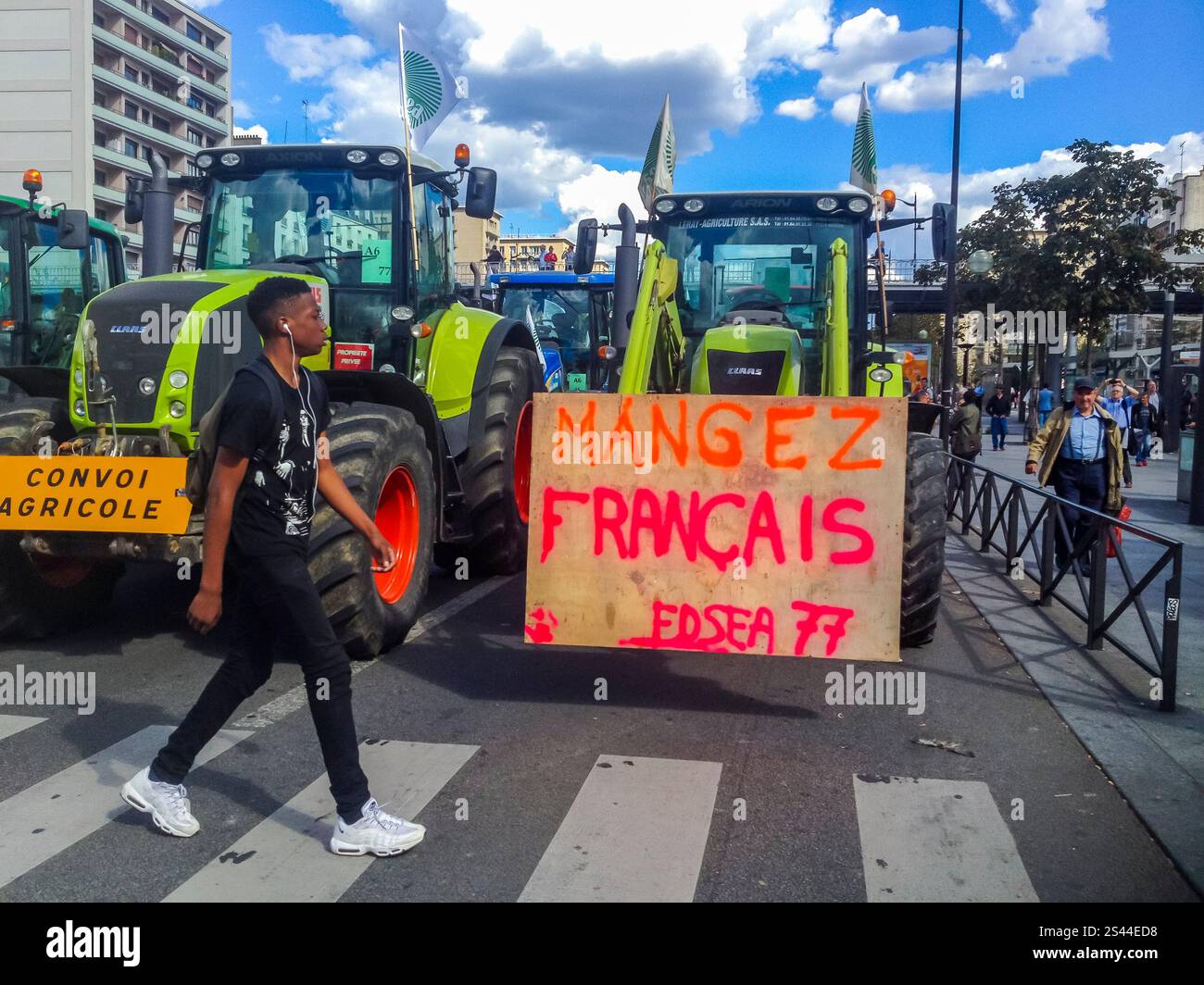 Paris, France. Male Teen Walking in Front, Protest Sign, French Farmers ...