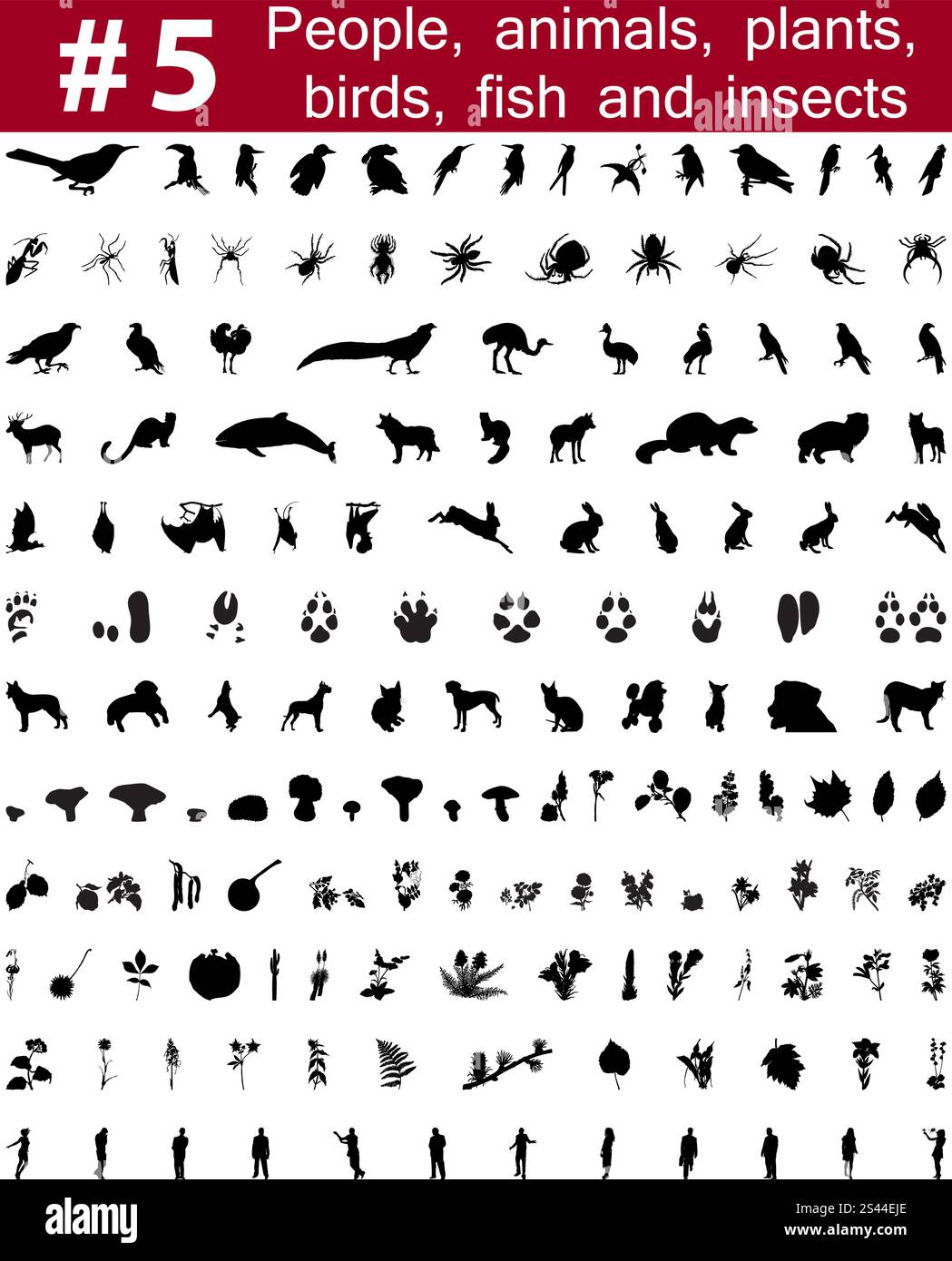 Big collection of collage vector silhouettes of people, animals, birds ...