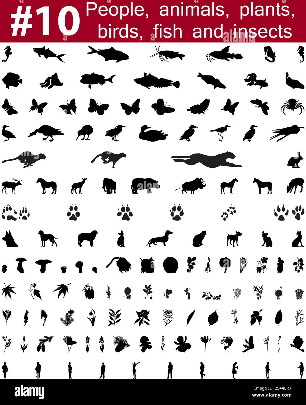 Big collection of collage vector silhouettes of people, animals, birds ...