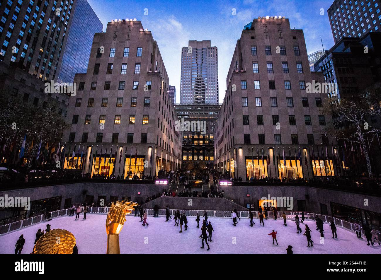 View of the Ice Ring at the Rockefeller Center in Manhattan in New York ...