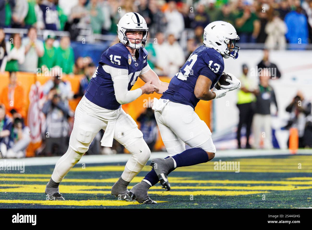 January 09, 2025: Penn State quarterback Drew Allar (15) hands the ball ...