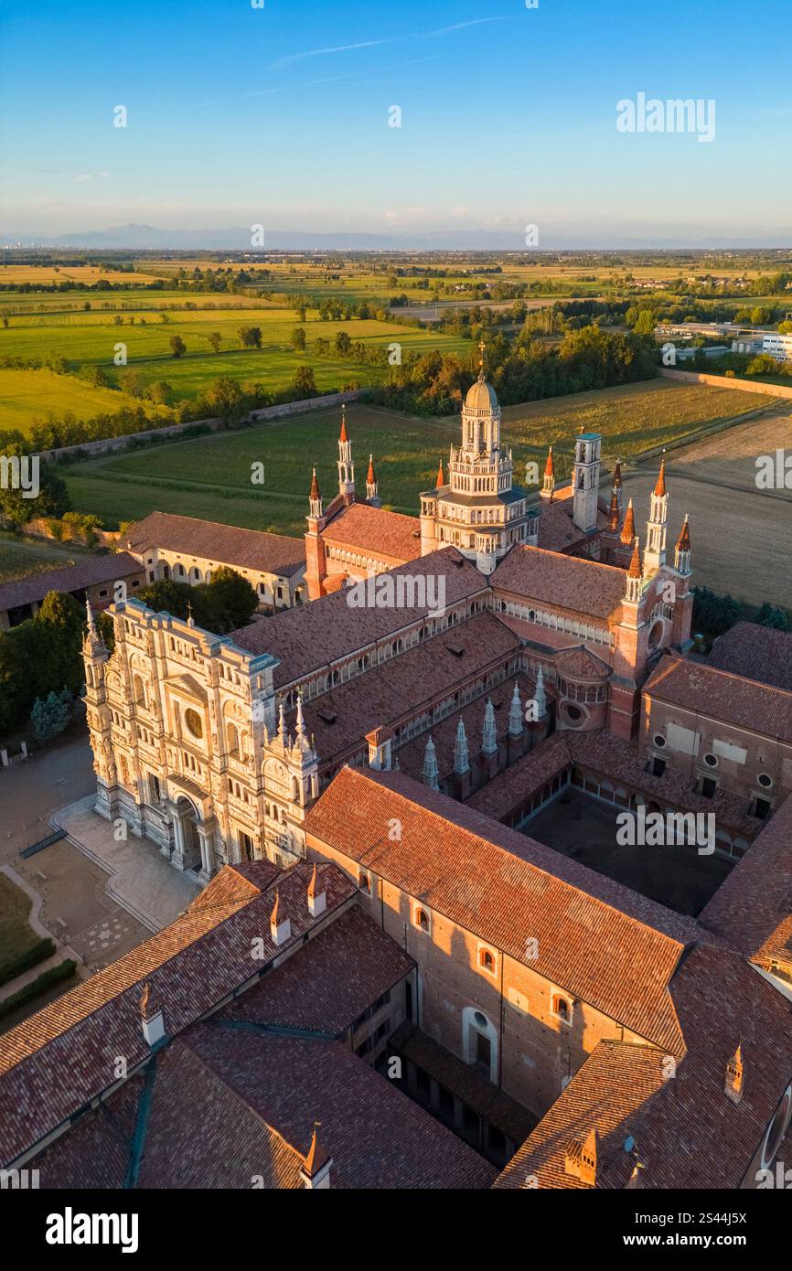 Aerial view of the monastery of Certosa di Pavia at sunset. Certosa di ...