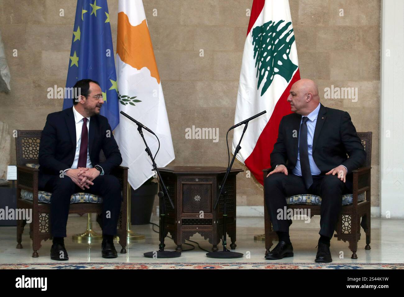 Lebanese president Joseph Aoun, right, meets with his Cypriot ...