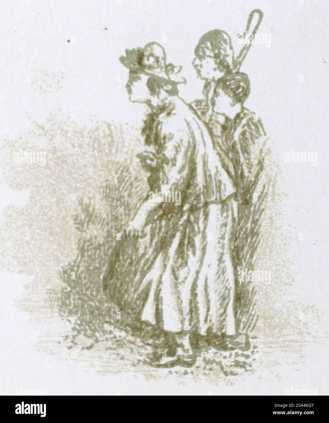 Three characters, one with a shepherd's staff. A small line drawing ...