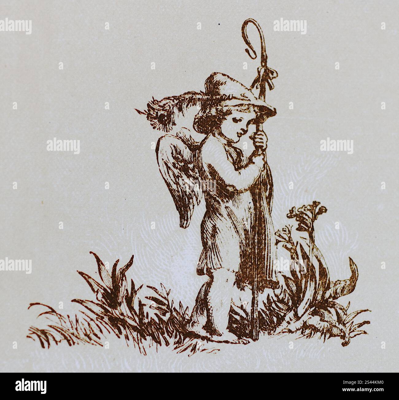A cherub shepherd boy with staff. A line drawing from As You Like It ...