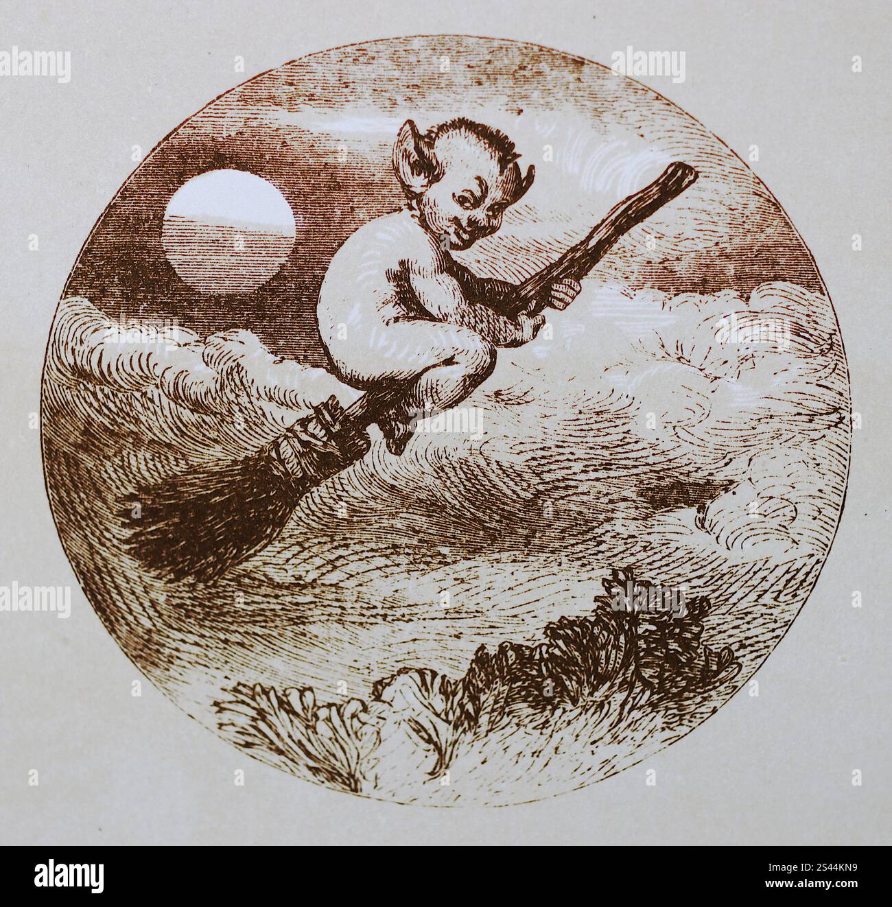 An imp on a broomstick, the moon behind him. A line drawing from ...