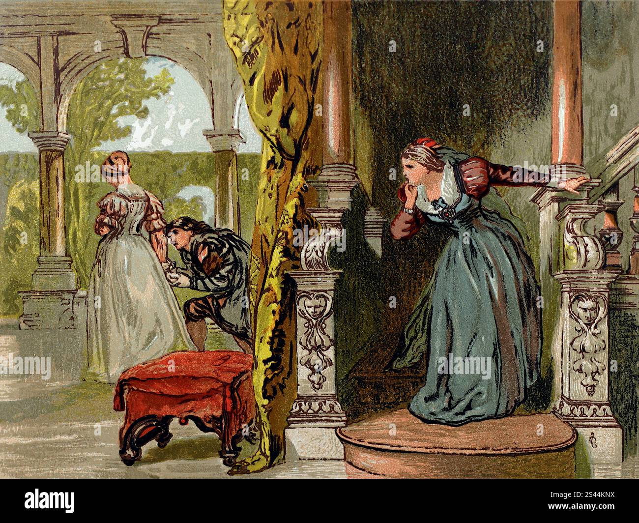 A lady at the bottom of a staircase, eavesdropping on others. A colour ...