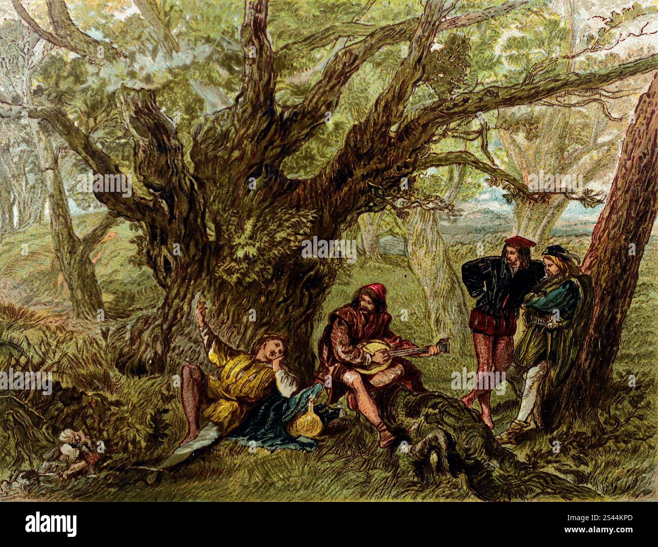 A bard and others in a forest. A colour lithograph illustration from As ...