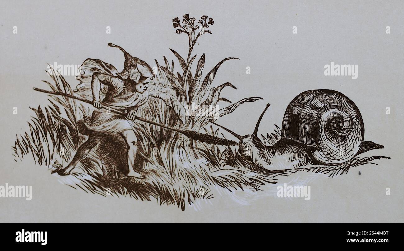 Character with a spear, attacking a giant snail. A line drawing from ...