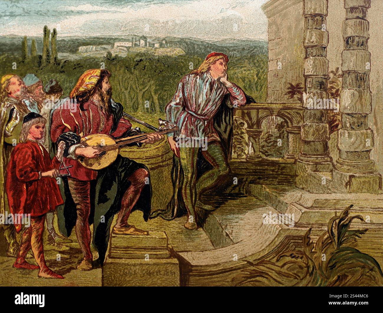 A gentleman, a bard and others on the steps of a large building. A ...