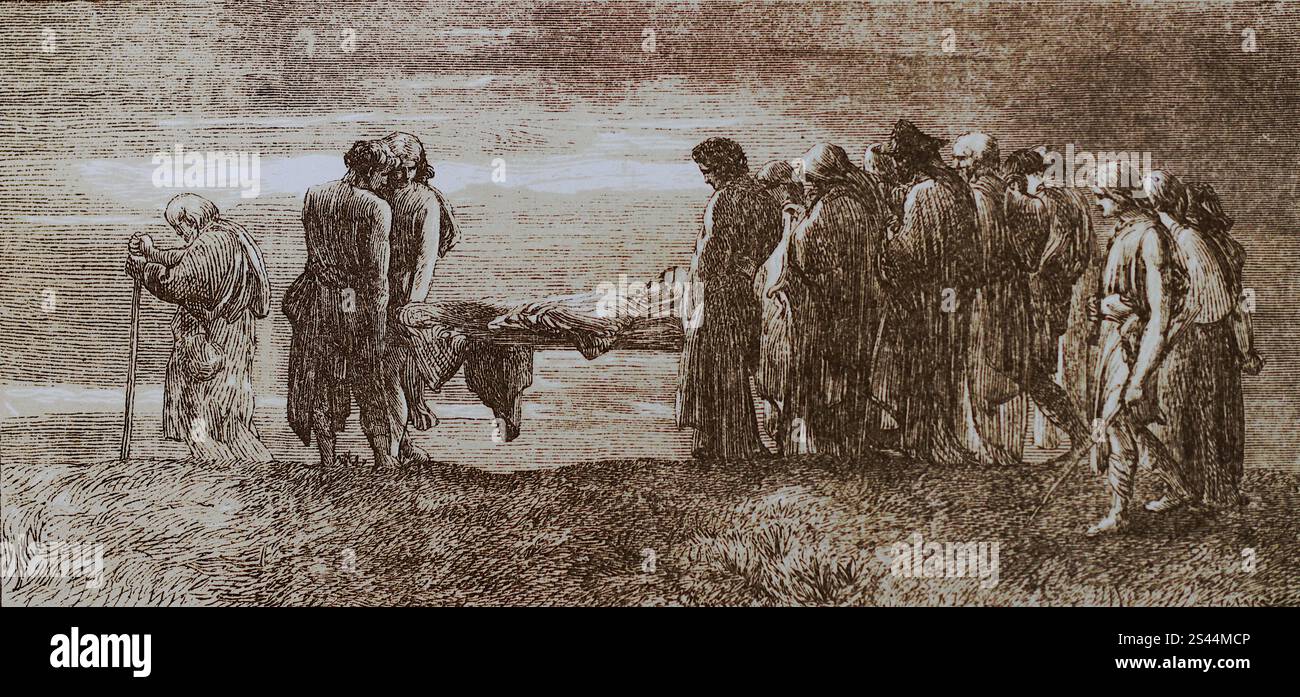 A group of people carrying another on a stretcher. A line drawing from ...