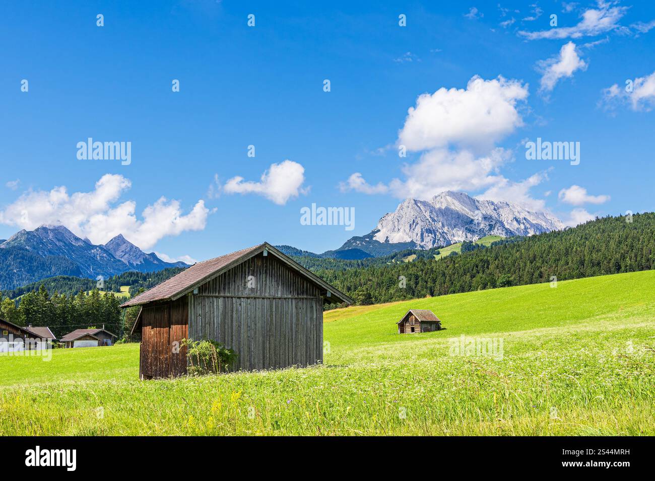 Hay hut in the Humpback Meadows between Mittenwald and Kruen, Germany ...