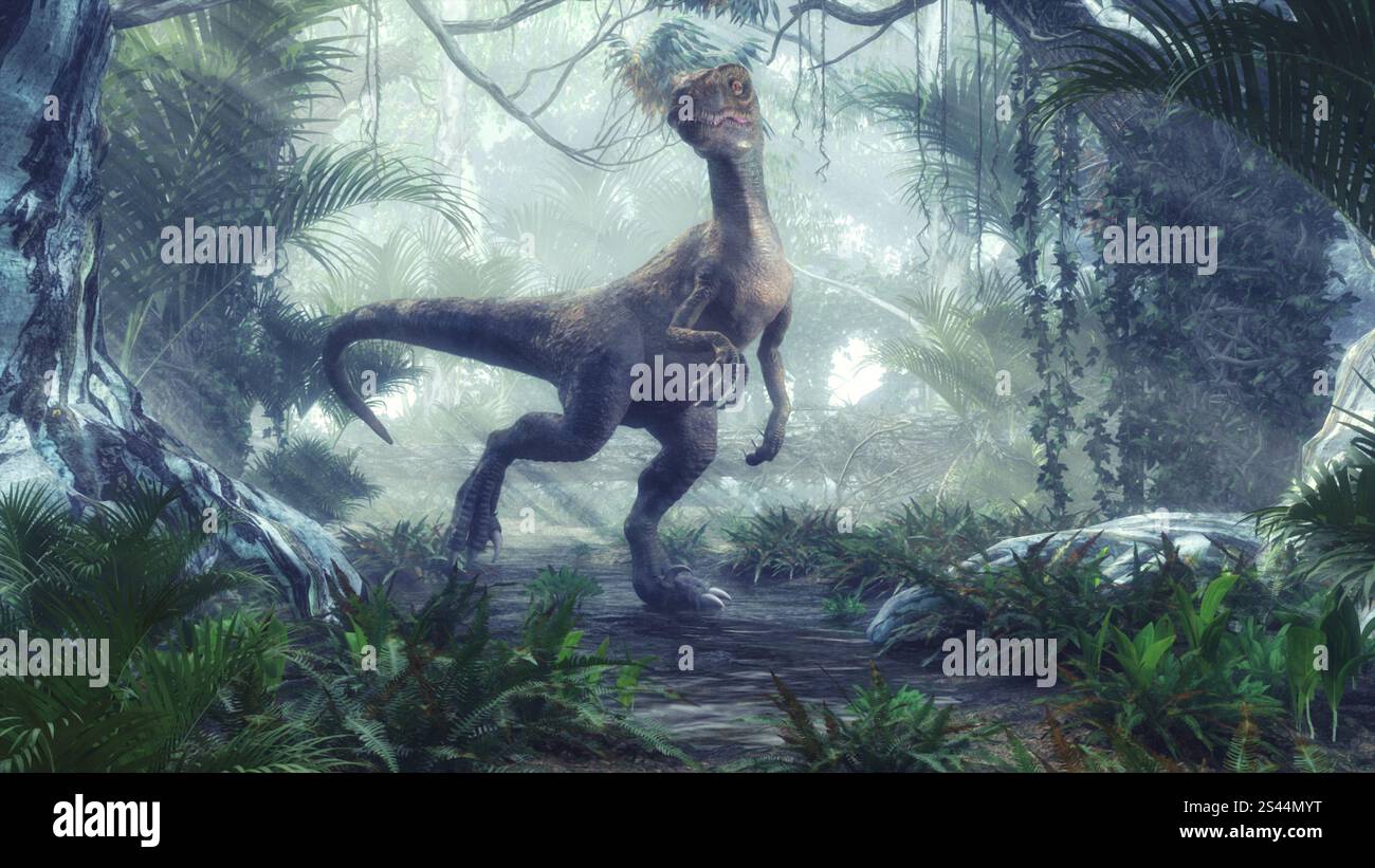 Velociraptor in the forest. He lived in the late Cretaceous period ...