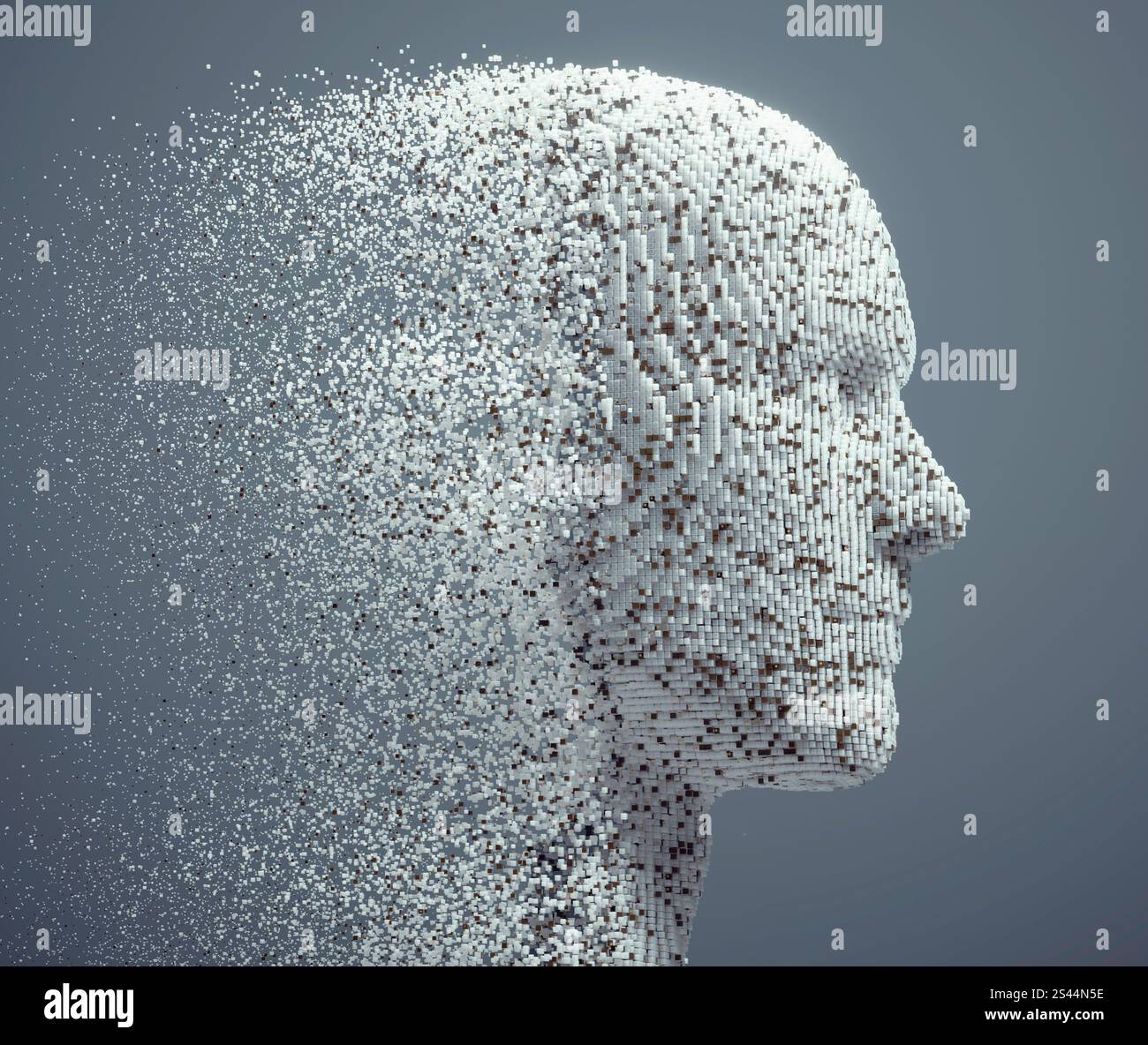 3D dissolving human head made with cube particles. Deep learning, Artificial intelligence. This ...