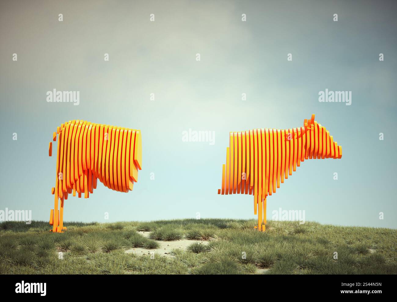 Abstract cow sliced in two pieces. Comfort zone and over thinking ...