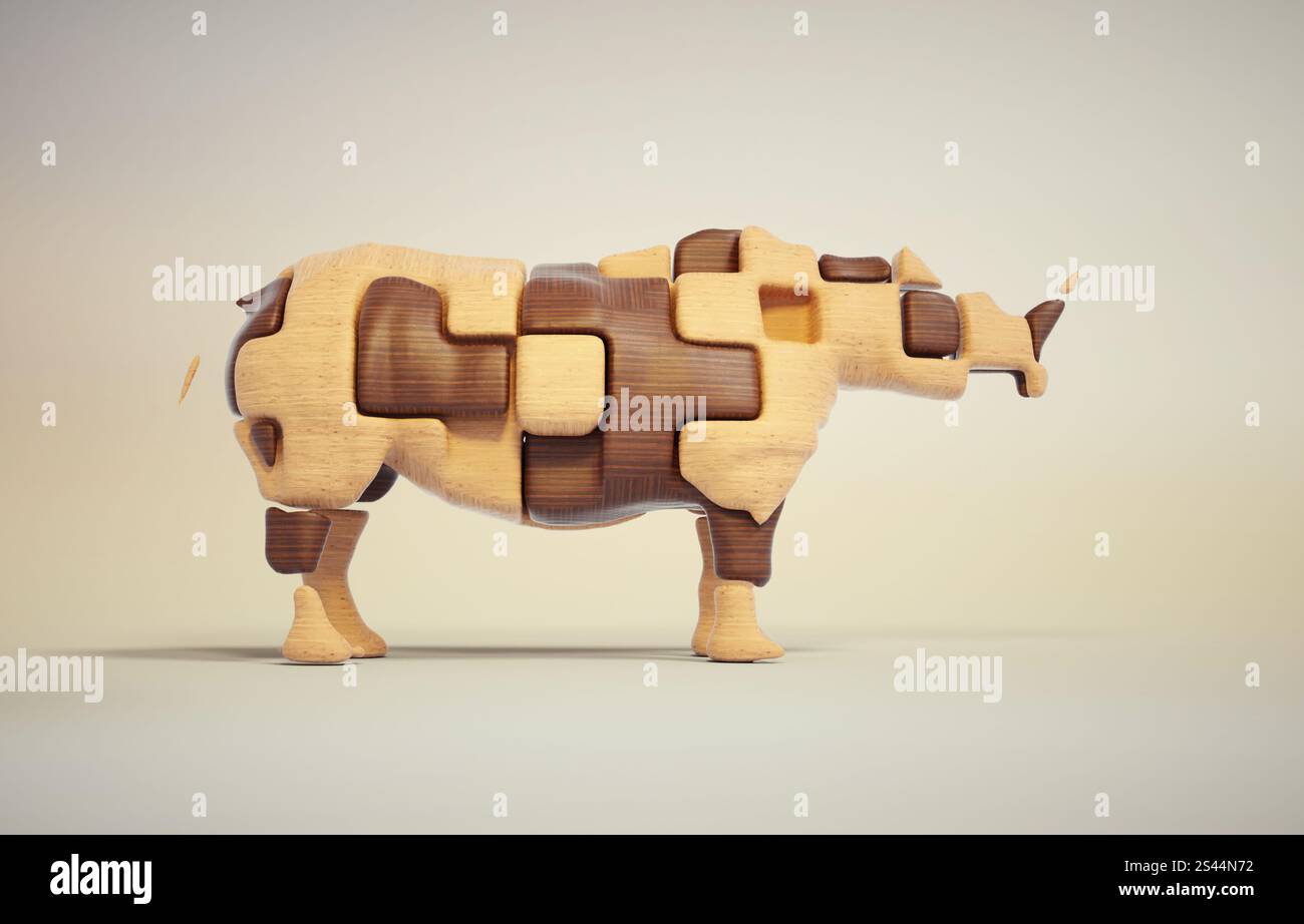 Abstract rhino made of wooden polygons. Creative and complex concept ...
