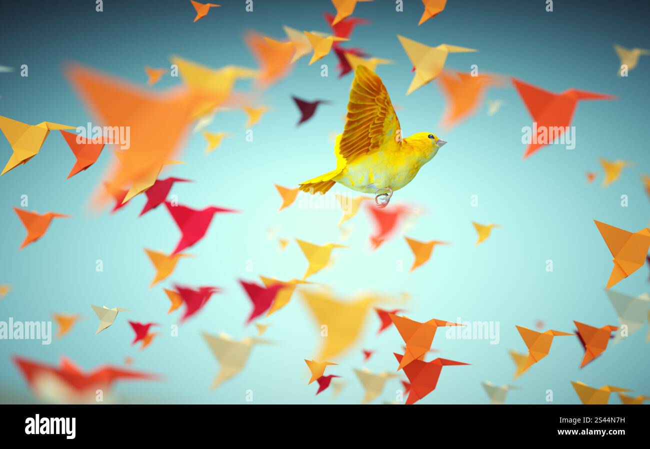 Bird flying with a group of origami birds. Think outside the box and be ...