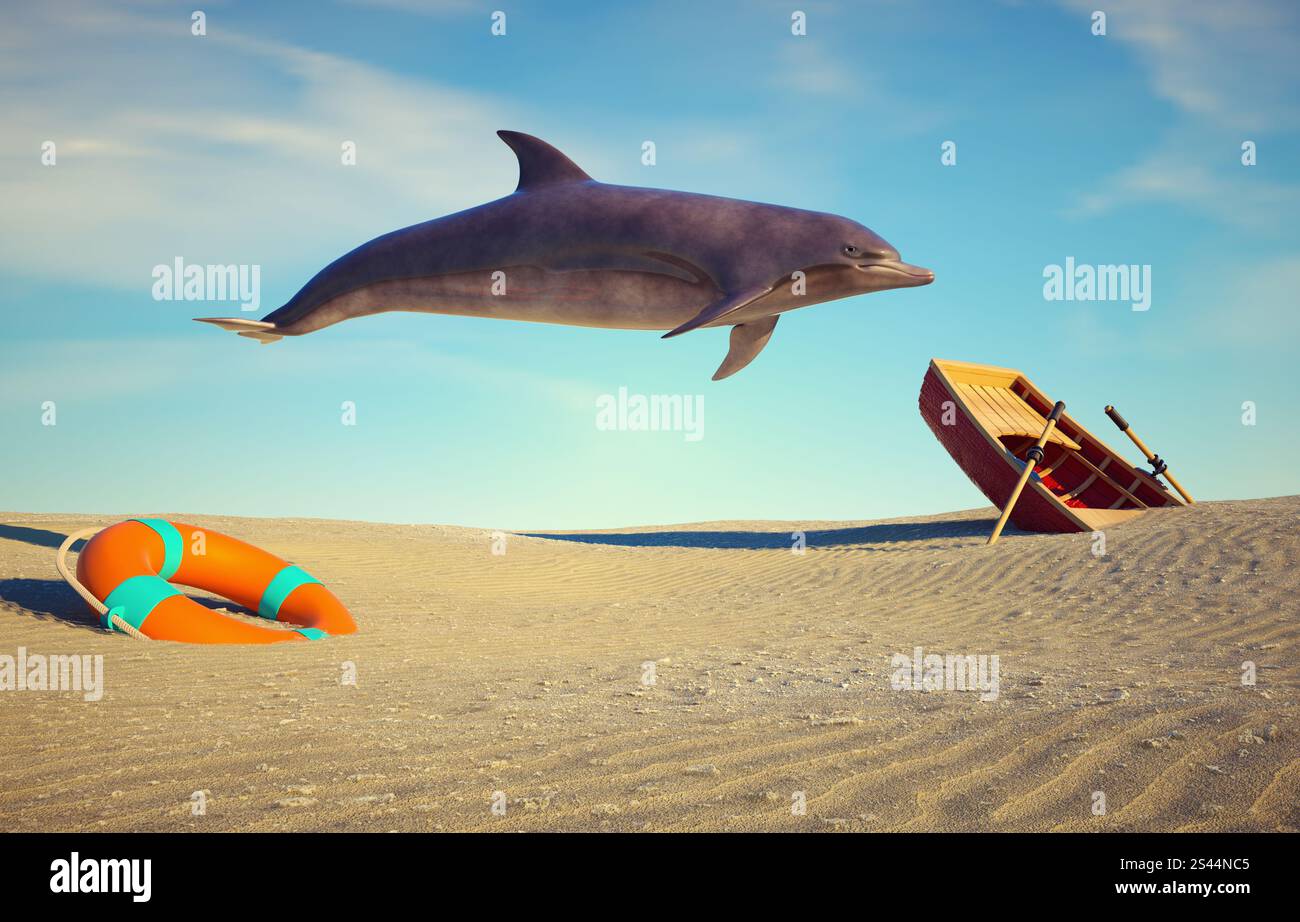 Dolphin floating in air at the desert. Global warming and adjusting ...