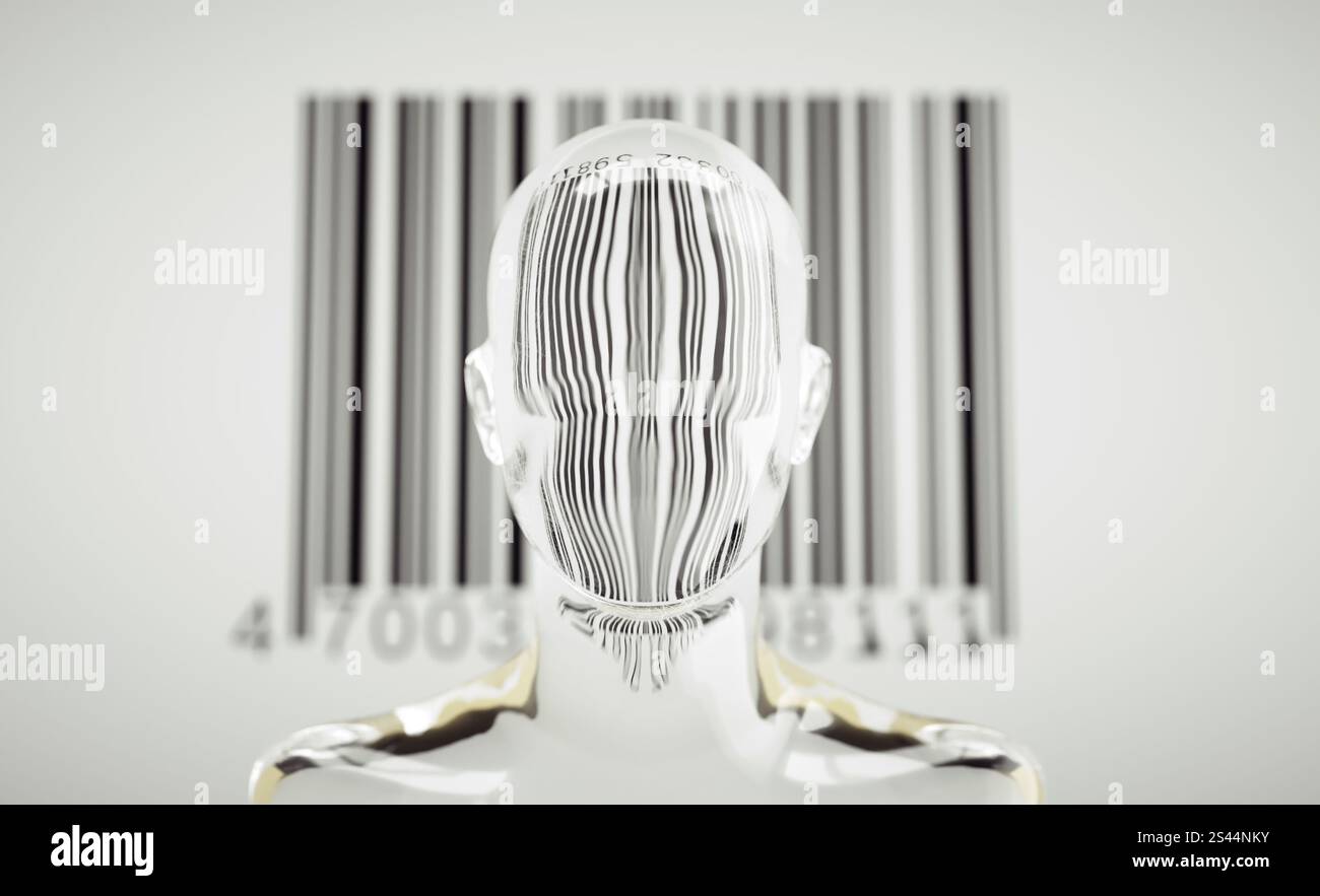 Faceless portrait of a man with a barcode on face . Branding and target ...