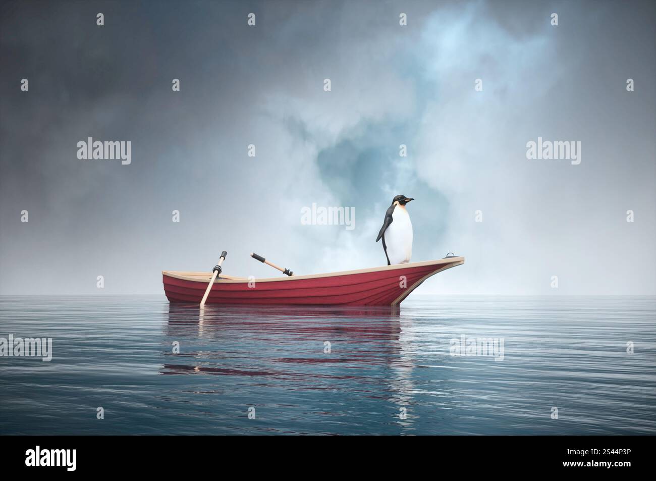 Penguin on a red boat in the ocean. Travel and journey concept. This is ...