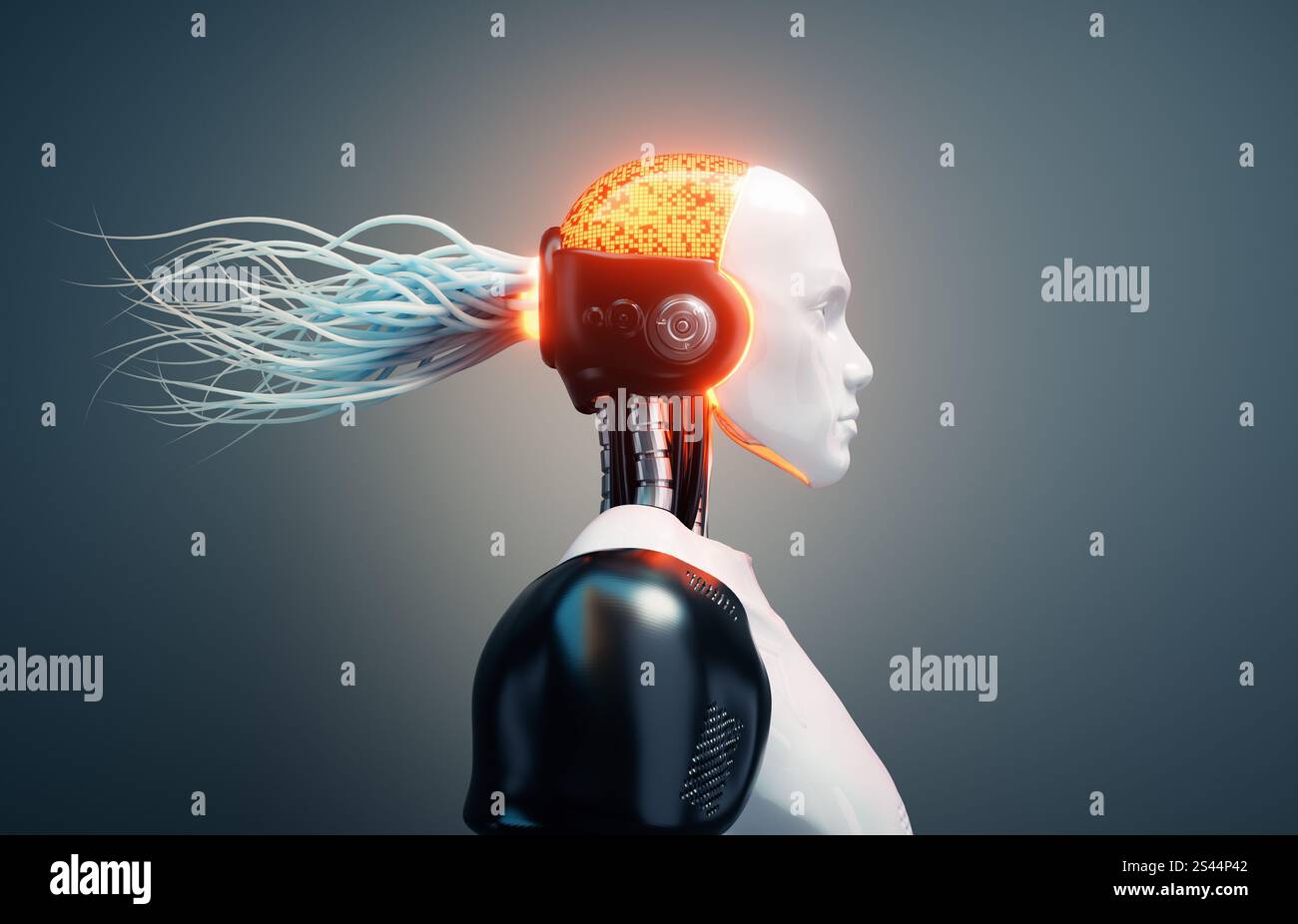 Robot profile with wires and digital brain. Artificial intelligence and ...