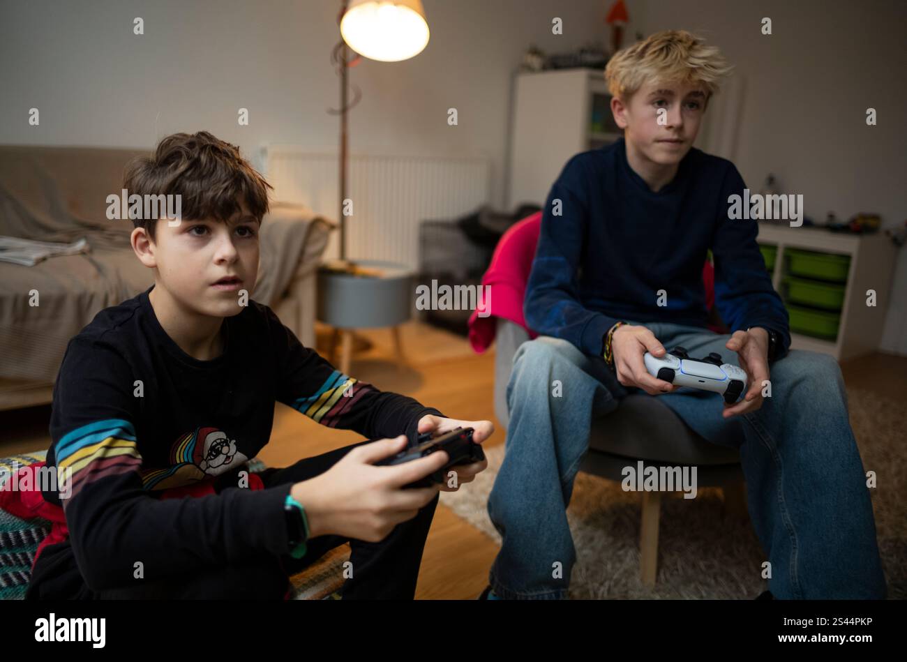 Teenage brothers playing on a Nintendo gaming console at their ...
