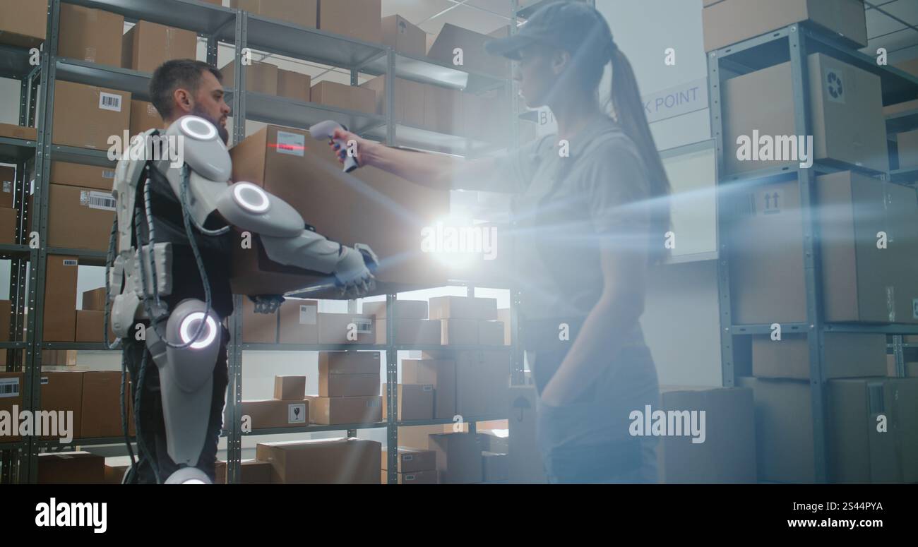 High-Tech Advanced Sorting Center: Warehouse Worker in Futuristic Full ...